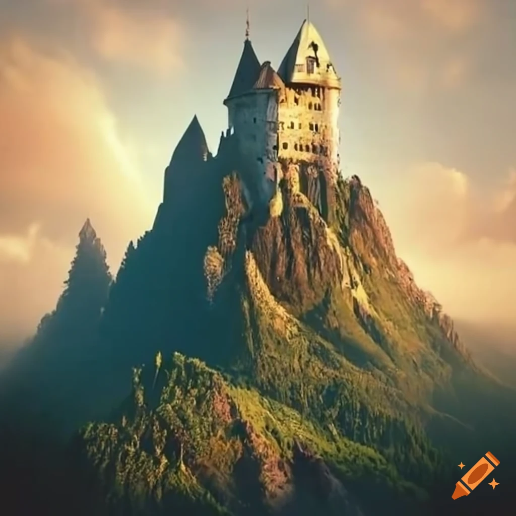 Tall castle built into a mountain on Craiyon