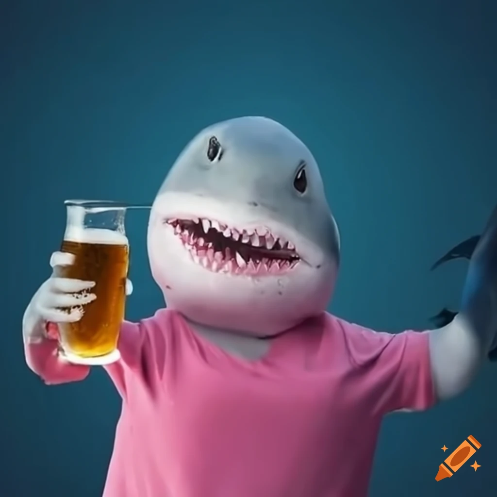 Great white shark in a pink dress with a beer glass