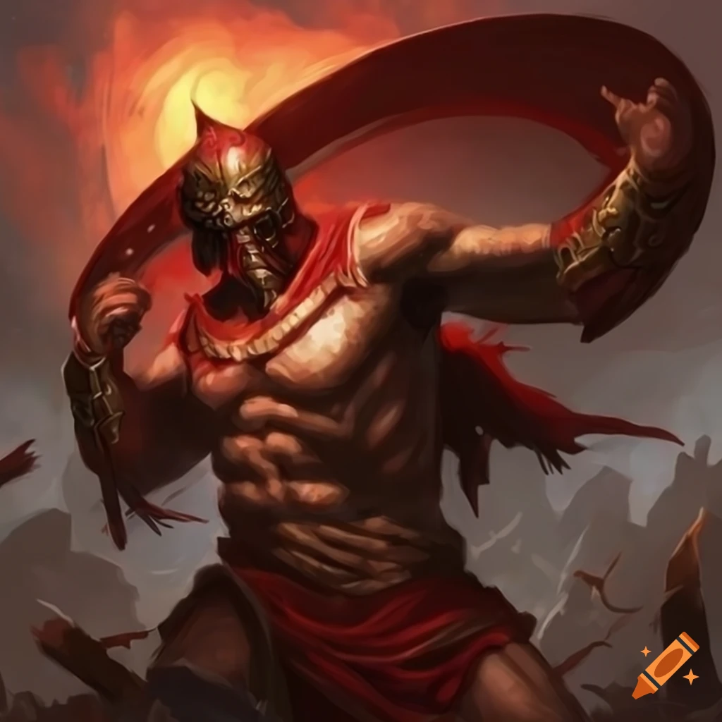 Fantasy art of a red and black hoplite with intense eyes
