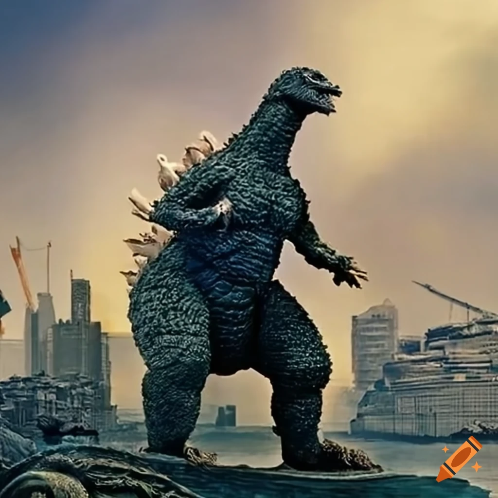 Ultrarealistic godzilla in front of 1946 japan