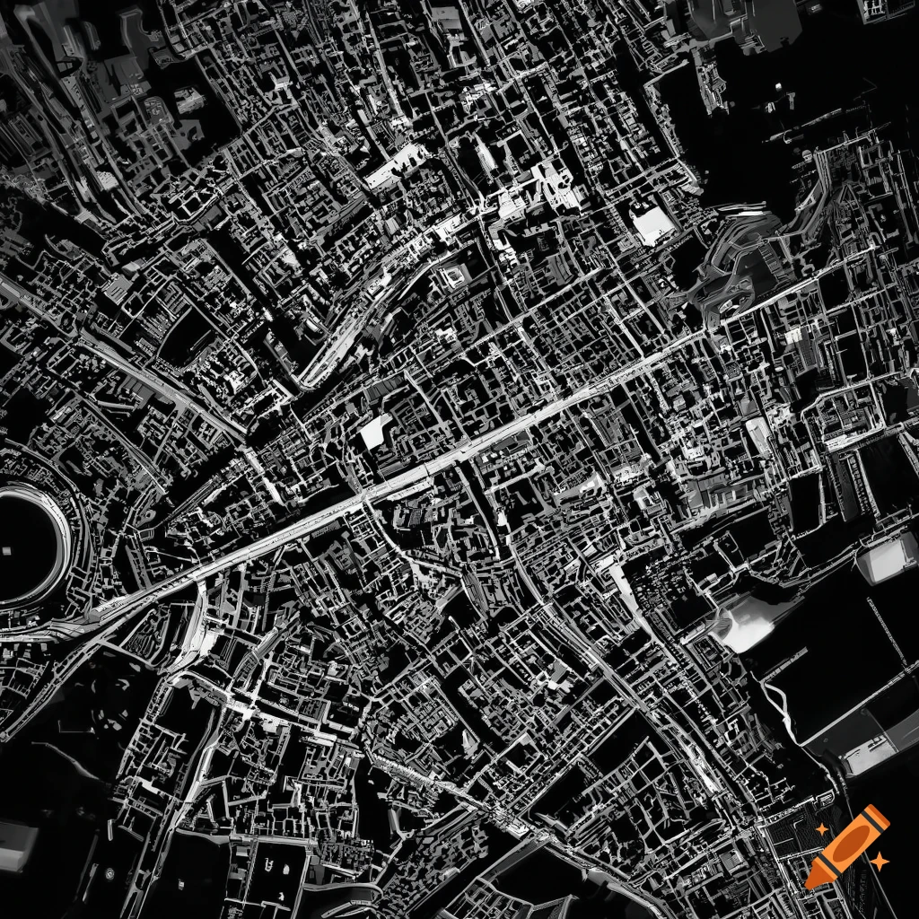 Detailed bird's eye view map of a european-style city in black and ...