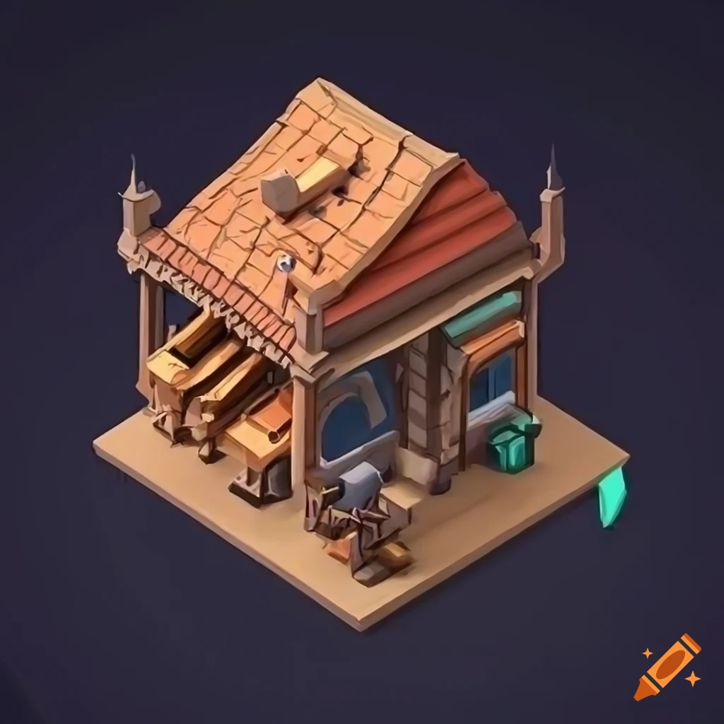 Isometric 3d style weapon shop building in a cartoon fantasy setting