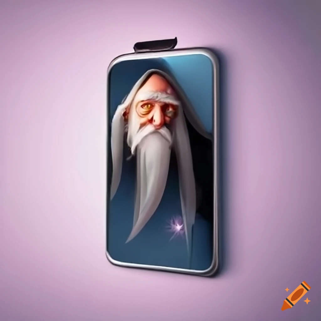 Wizard looking at a magic smartphone on the wall on Craiyon