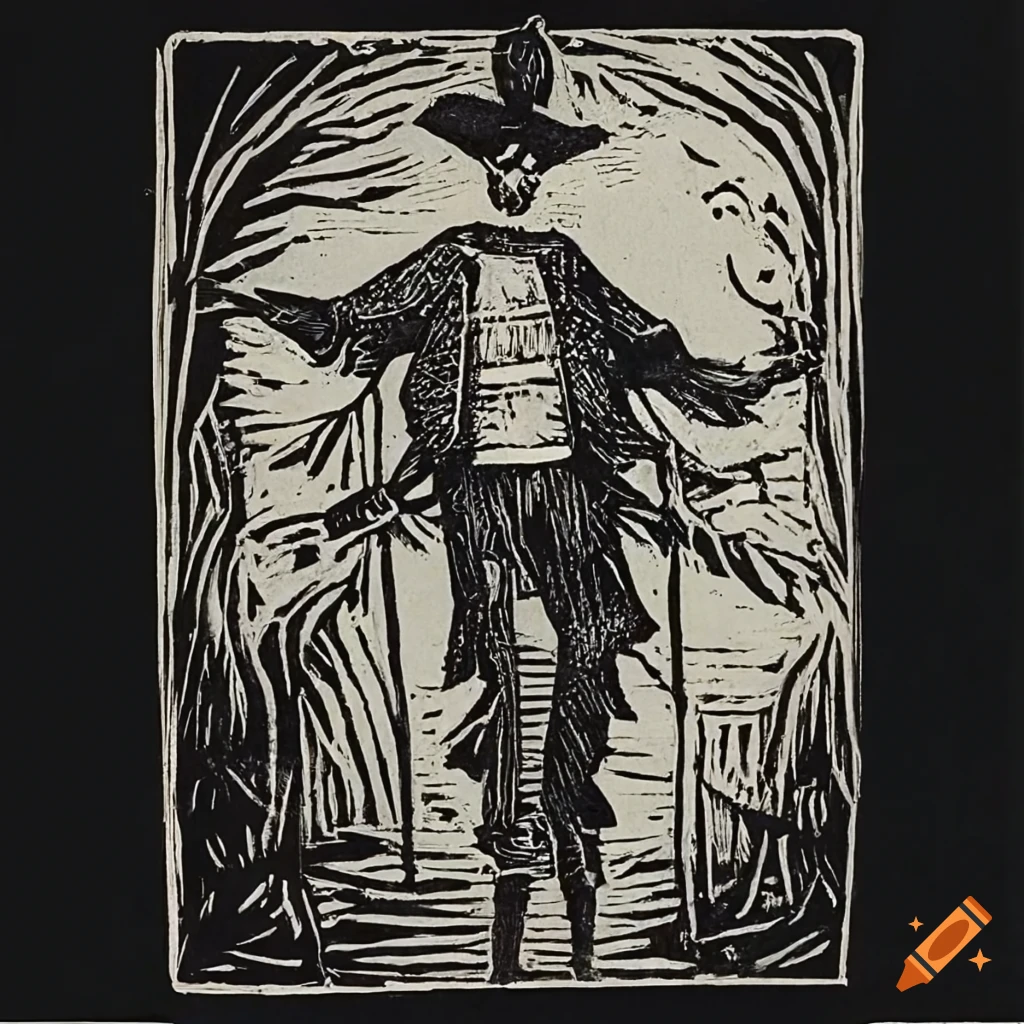 Monochrome linocut of an old creepy scarecrow on Craiyon