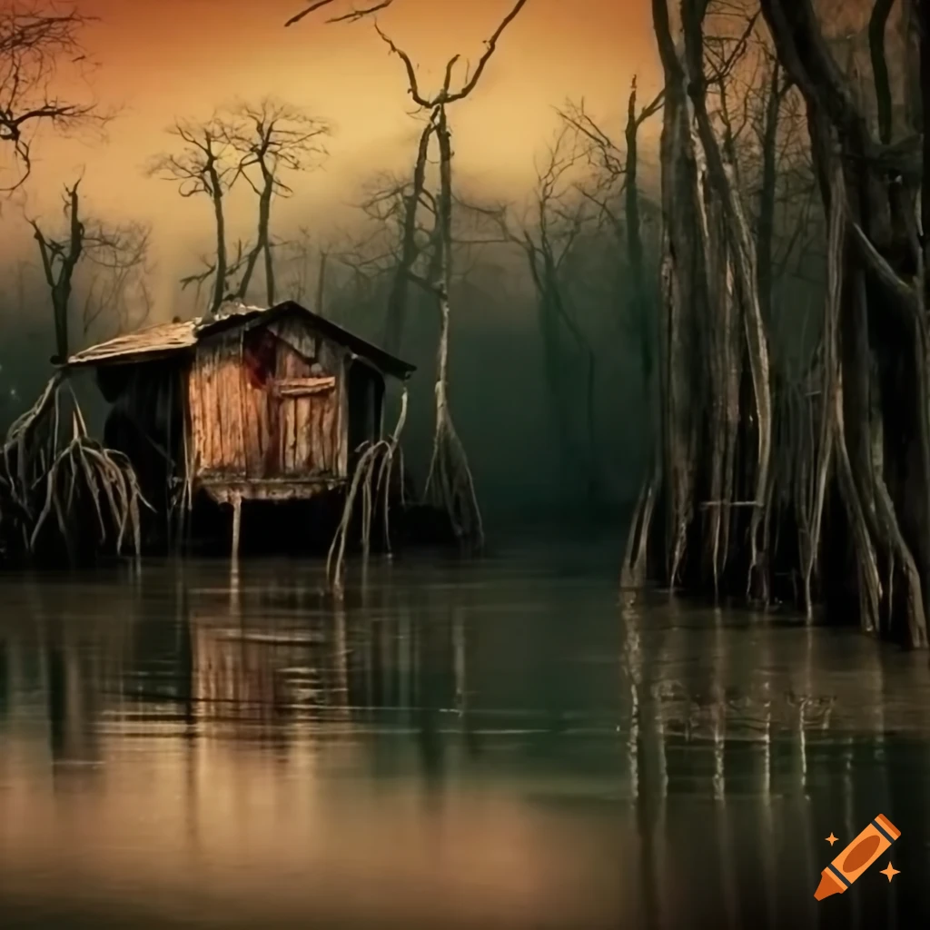 Eerie swamp shack with blues musician on the porch on Craiyon