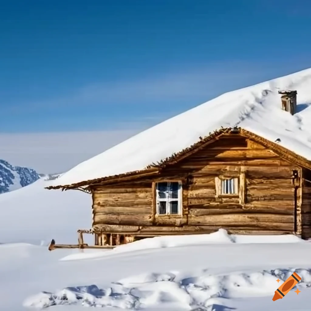 Beautiful wooden hut on a snowy mountain