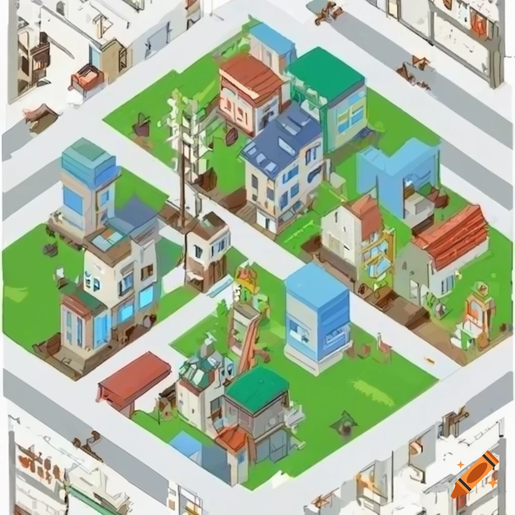 Isometric top down 2d map of a town