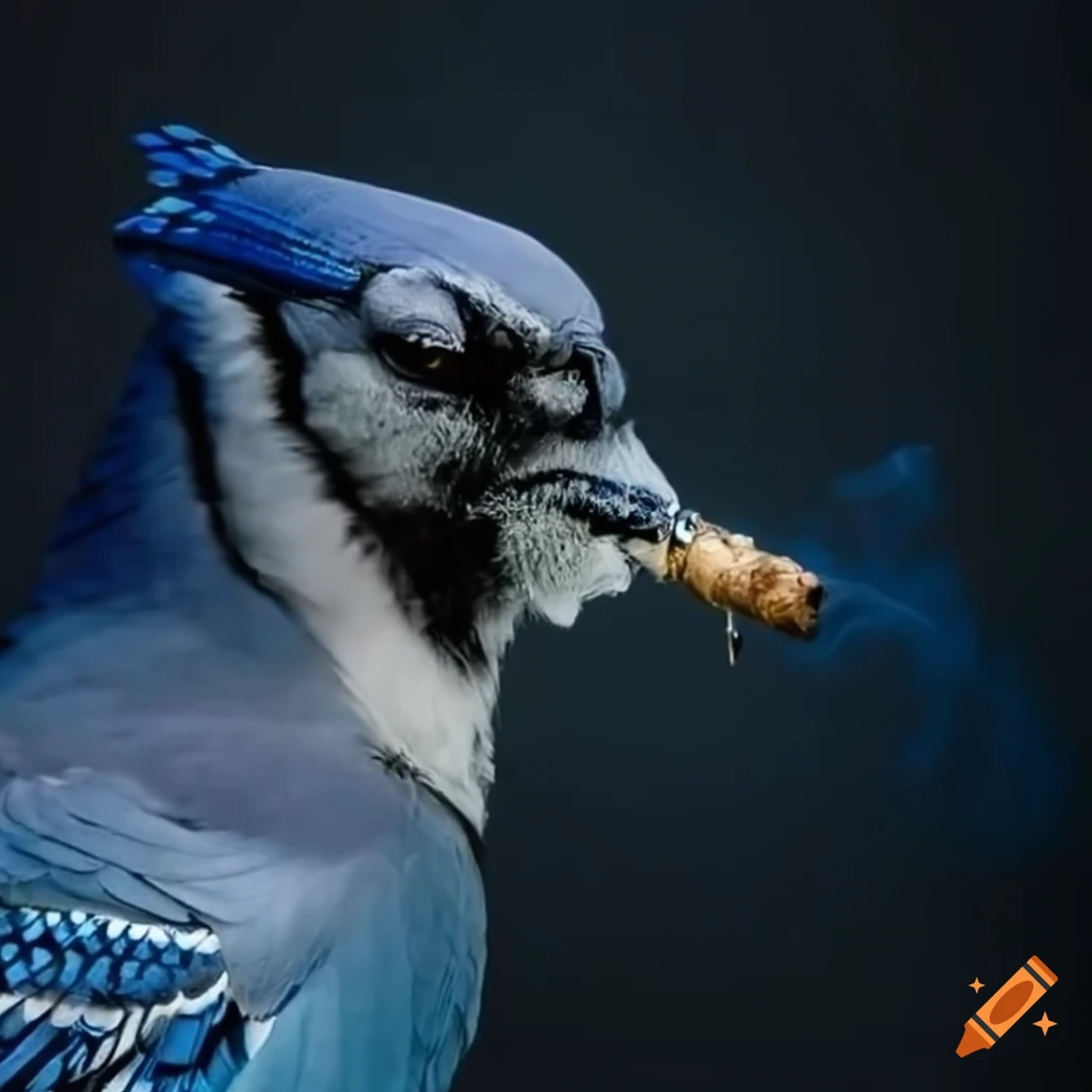 Blue jay with attitude smoking a cigar and drinking whiskey