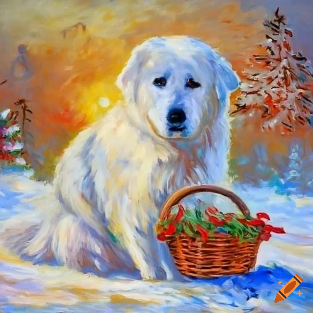 Monet painting featuring a white Maremma sheepdog in a winter scene ...