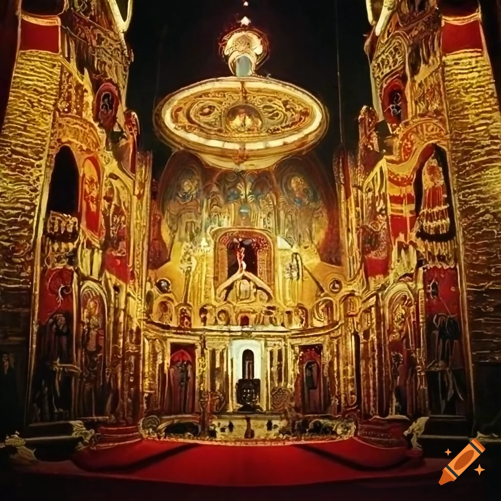 Old orthodox structure with icon of the creation and pages of the bible ...