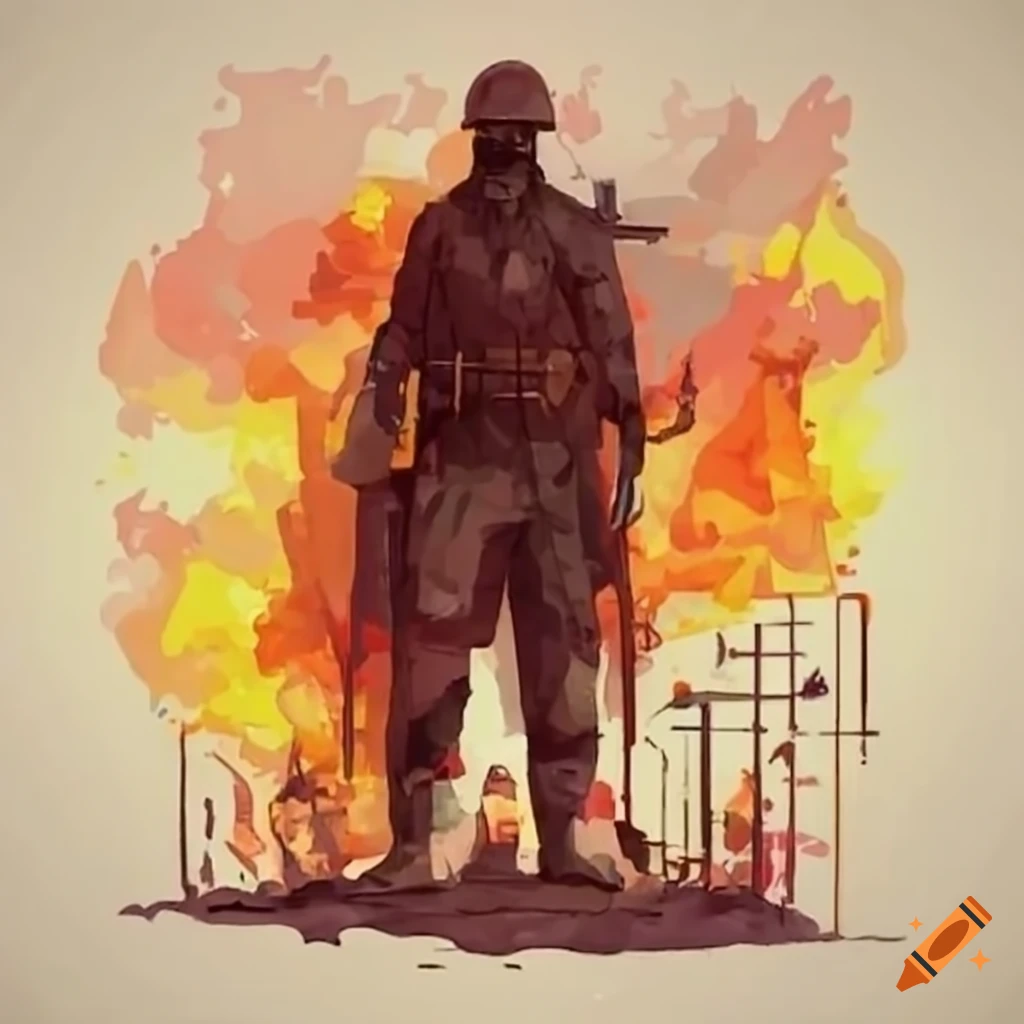 War-torn city with a soldier representing loss and devastation