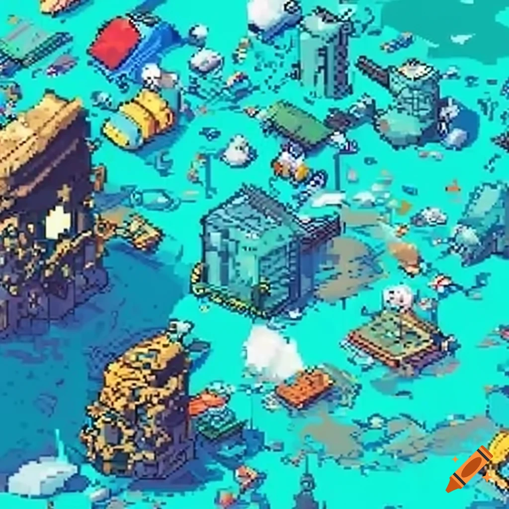Pixel art game depicting the cleanup of plastic pollution on Craiyon