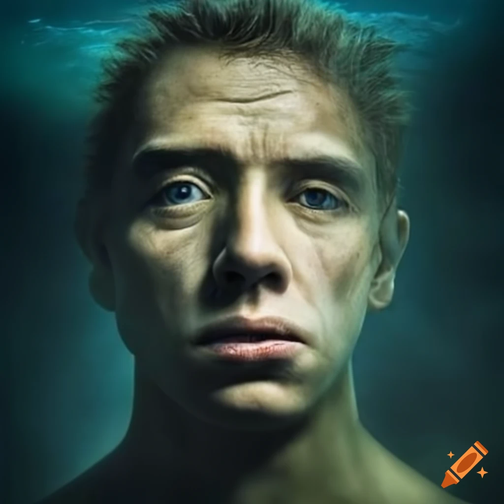 Man's face submerged underwater in a realistic photograph