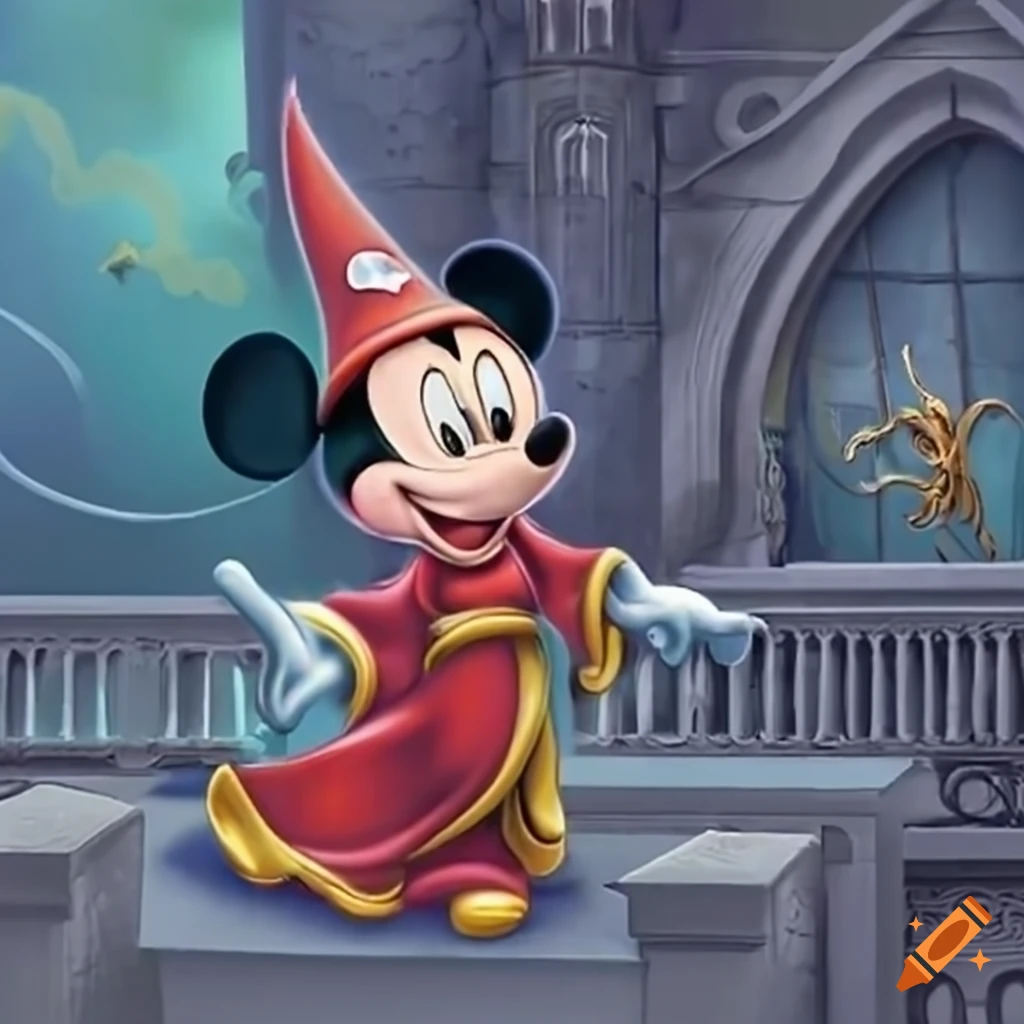 Sorcerer mickey mouse casting a spell on a castle balcony on Craiyon