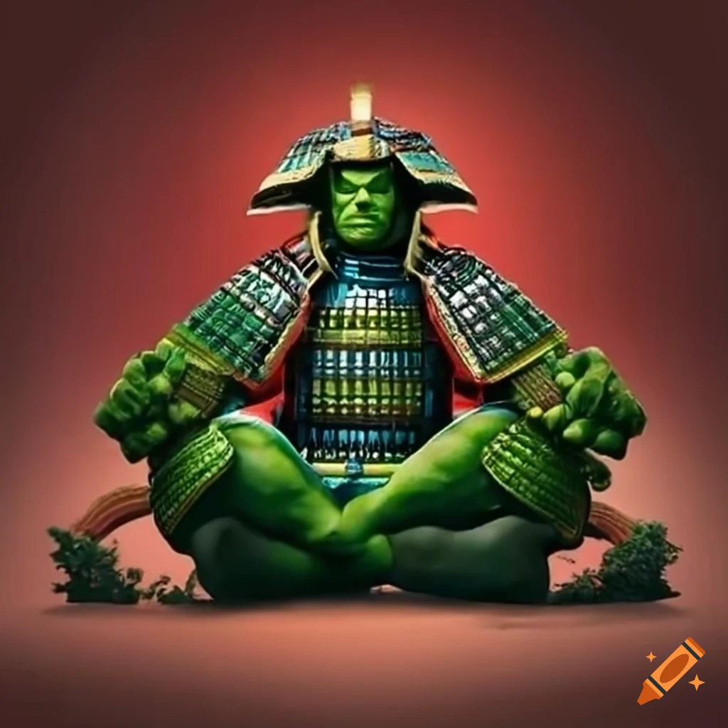 The incredible hulk in samurai outfit meditating in a cherry blossom garden