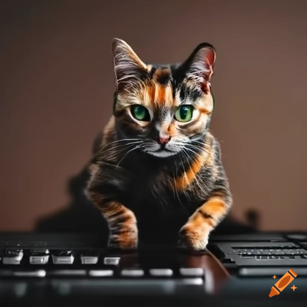 Tortoiseshell cat playing videogame on a computer
