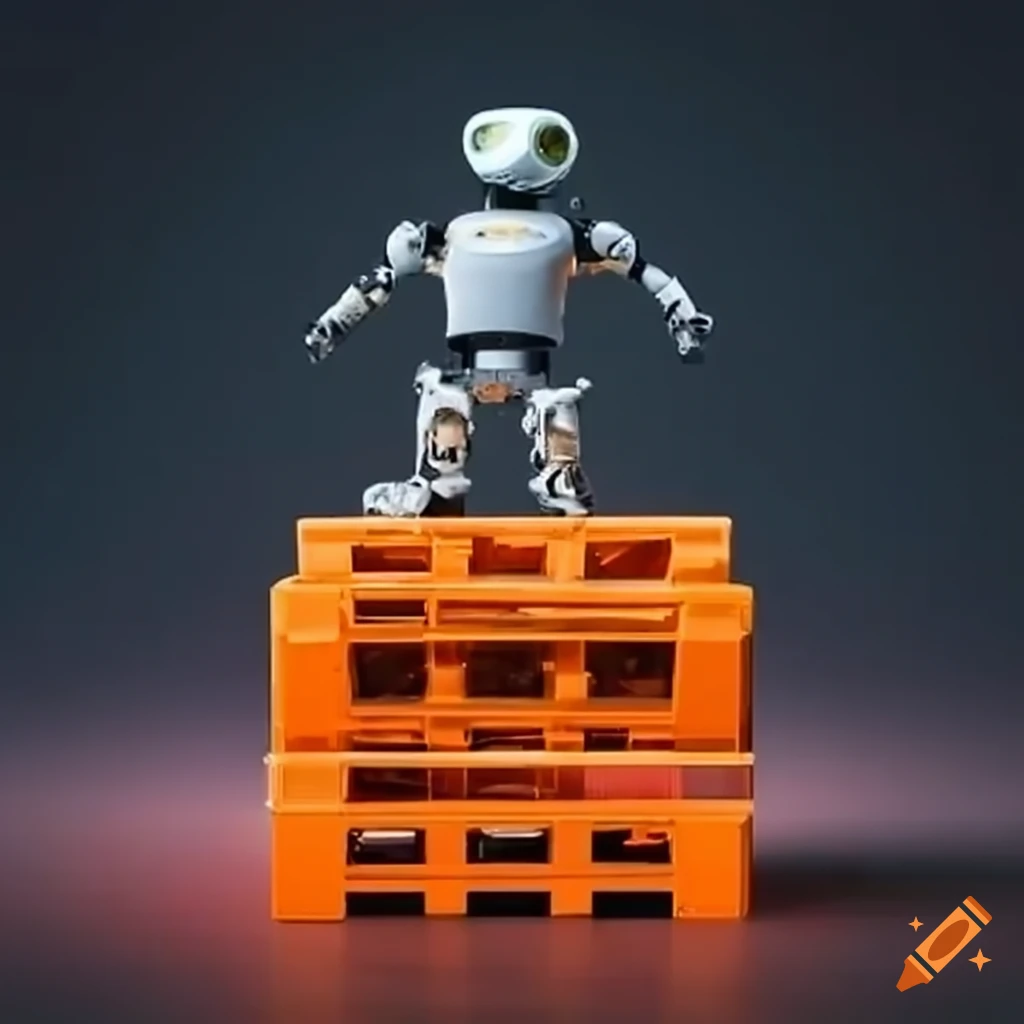 Robot lifting an orange plastic pallet