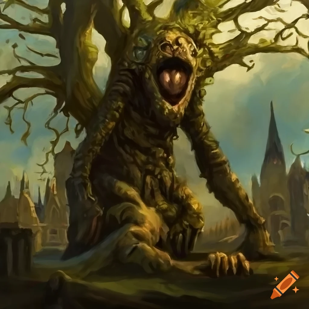 Linden tree ent in knights armor overlooking a medieval city, Magic the ...