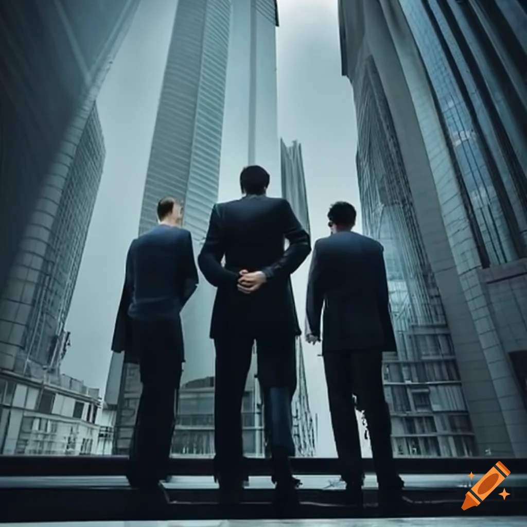 Business men in a skyscraper enjoying the view