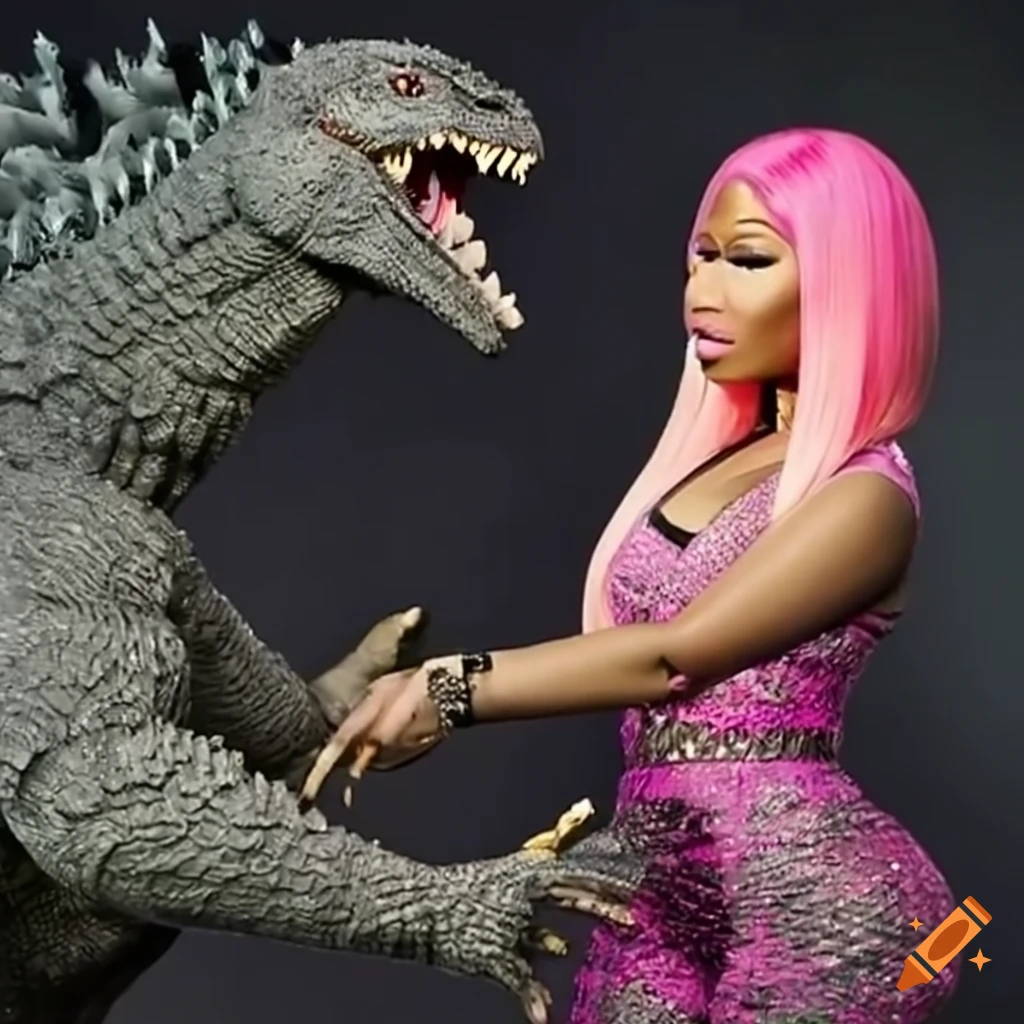 Nicki Minaj battling a giant monster in a colorful scene on Craiyon