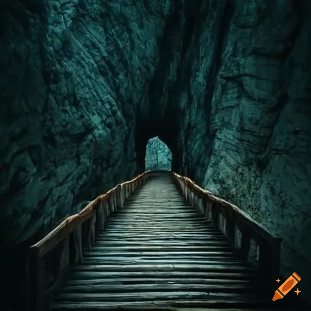 Rickety wooden bridge between rocky cliffs conveying a sense of ...