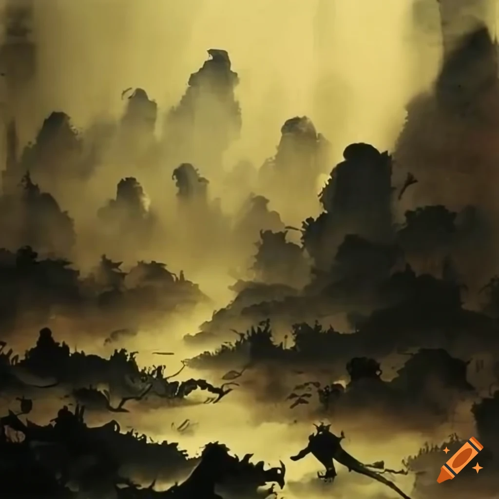 Chinese ink painting of an ancient forest clearing after battle on Craiyon