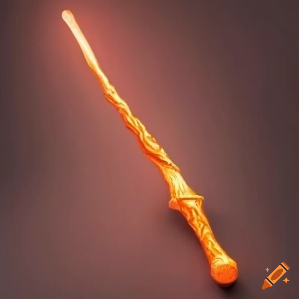 Long heroic fantasy witchcraft wand in luminous orange metal on Craiyon