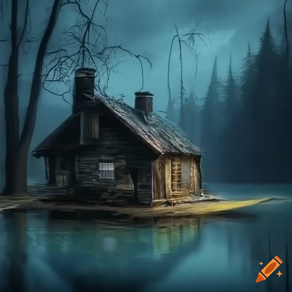 Photorealistic image of a small cottage by a lake