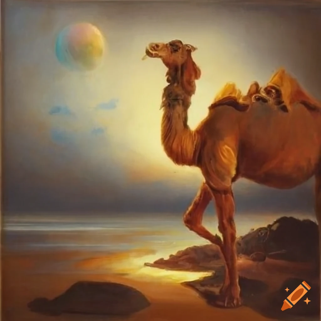 1800s oil painting of a camel on a rocket in space on Craiyon
