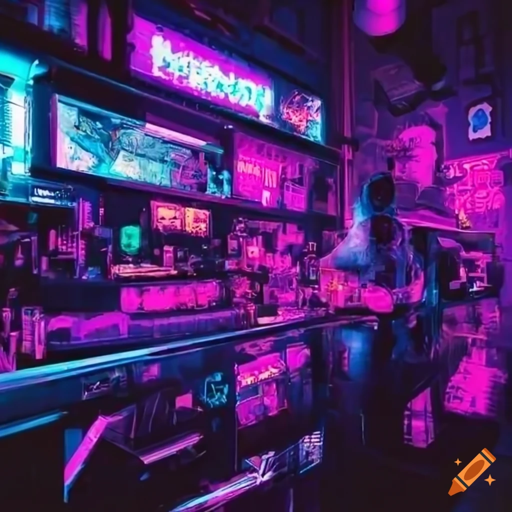 Interior of a cyberpunk bar on Craiyon