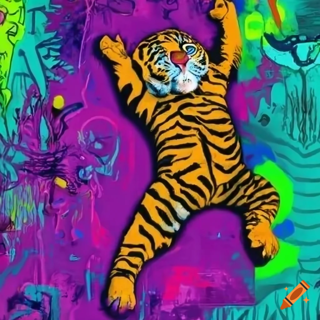 Tiger cub playing basketball graffiti in vivid colors on Craiyon