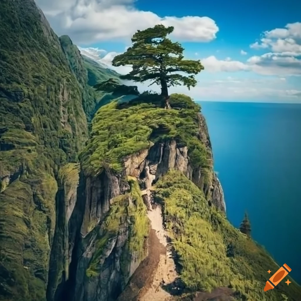 Stunning hiking trail leading to a giant tree on top of a steep cliff