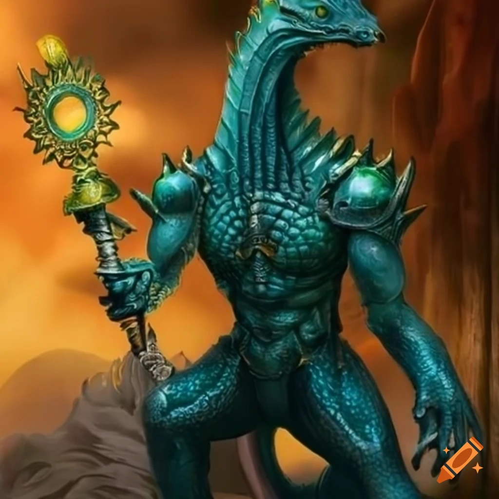 Green blue salamander dragon man knight holding a monstrance on Craiyon