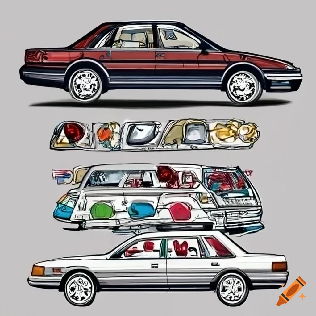 Drawing of 1988 Toyota Camry with imaginative automotive character ...