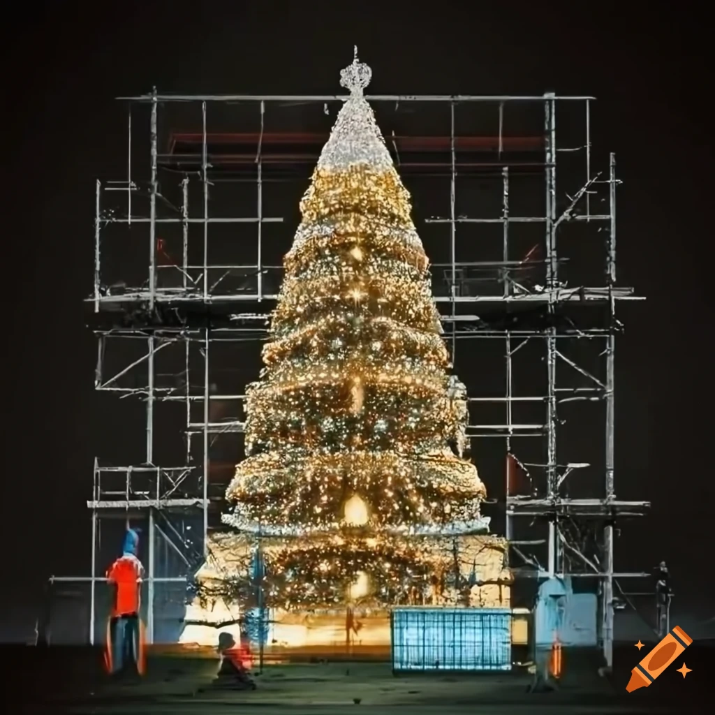 Construction workers building a huge Christmas tree with lights and ...