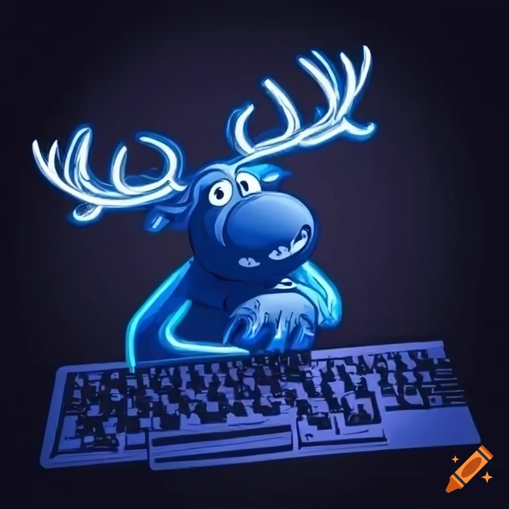 Cartoon moose coding on a computer in a neon-lit dark room