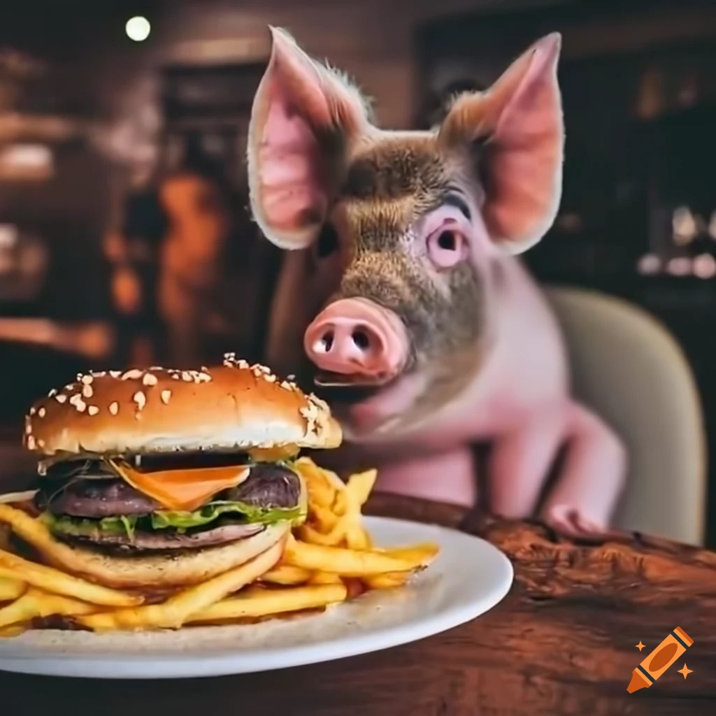 Pig enjoying a hamburger and fries at deli de luca
