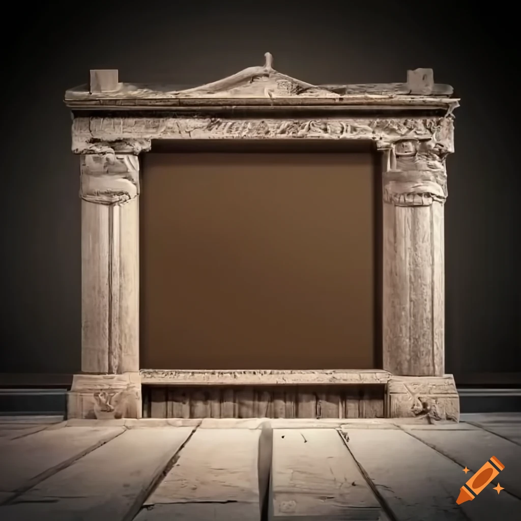 Blank wooden notice board in front of an ancient Greek marble library ...