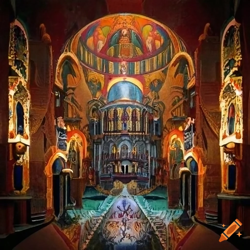 Old orthodox structure with icon of the creation and pages of the bible