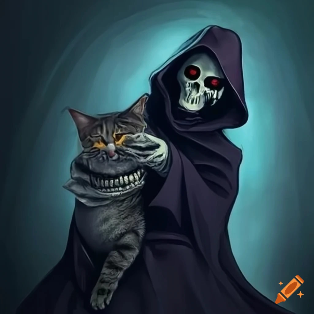 Illustration of the grim reaper with a cat on Craiyon