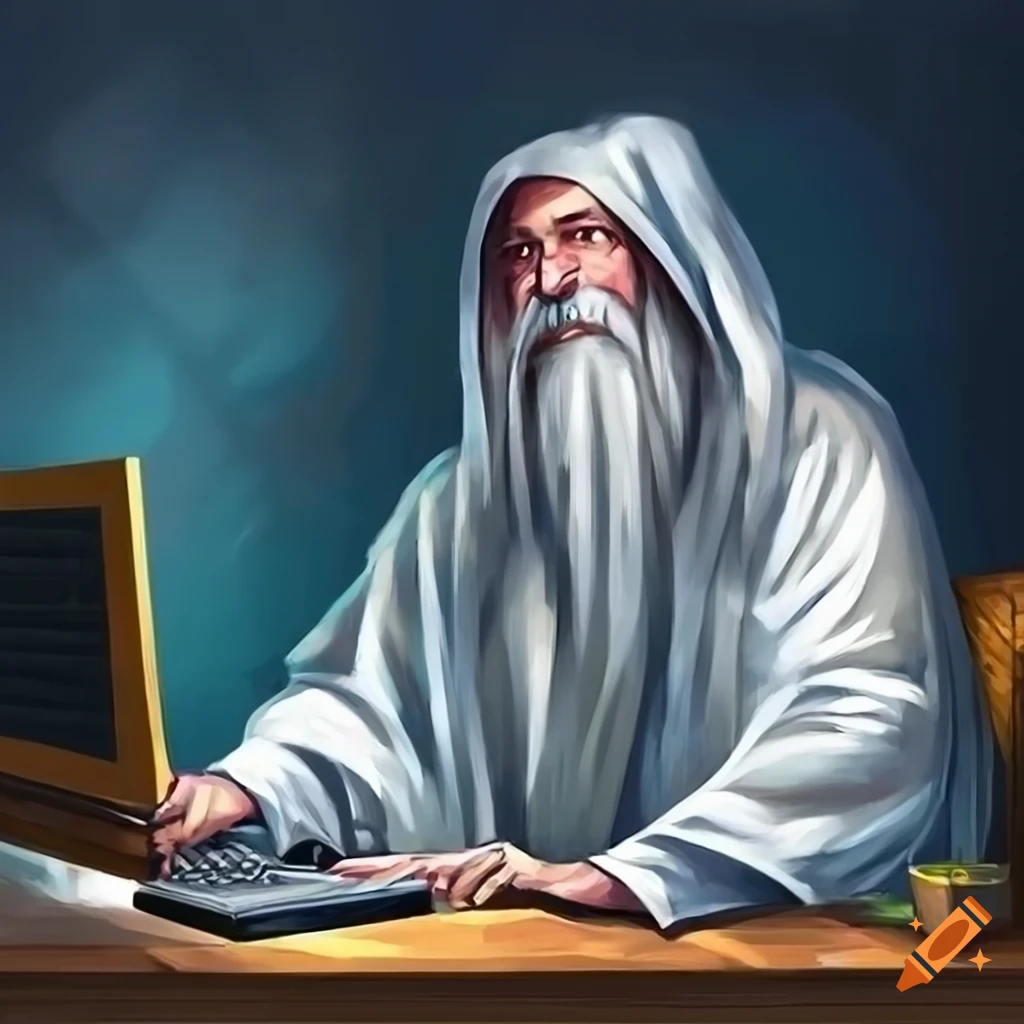 Medieval wizard in white robes with a computer in his room on Craiyon