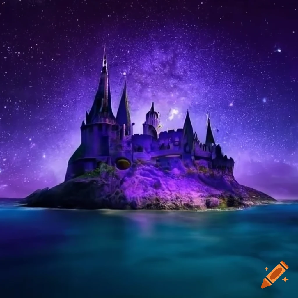 Massive purple and blue fantasy castle on an island under a starry sky