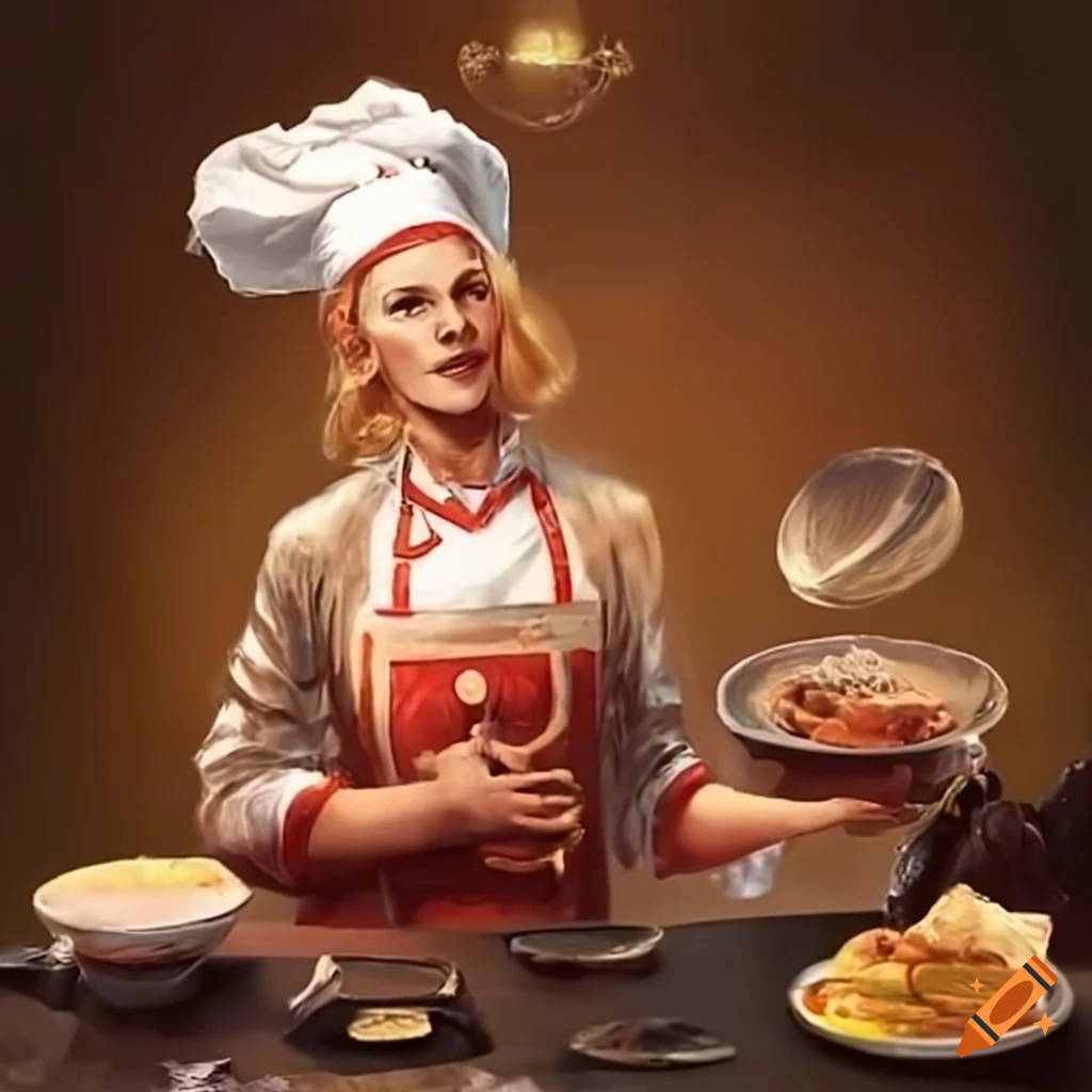 Tv chef cooking food on camera in a fantasy art style