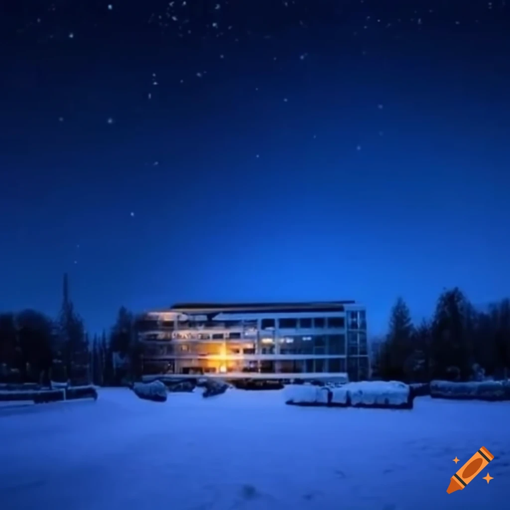A modern college at night with heavy snowfall
