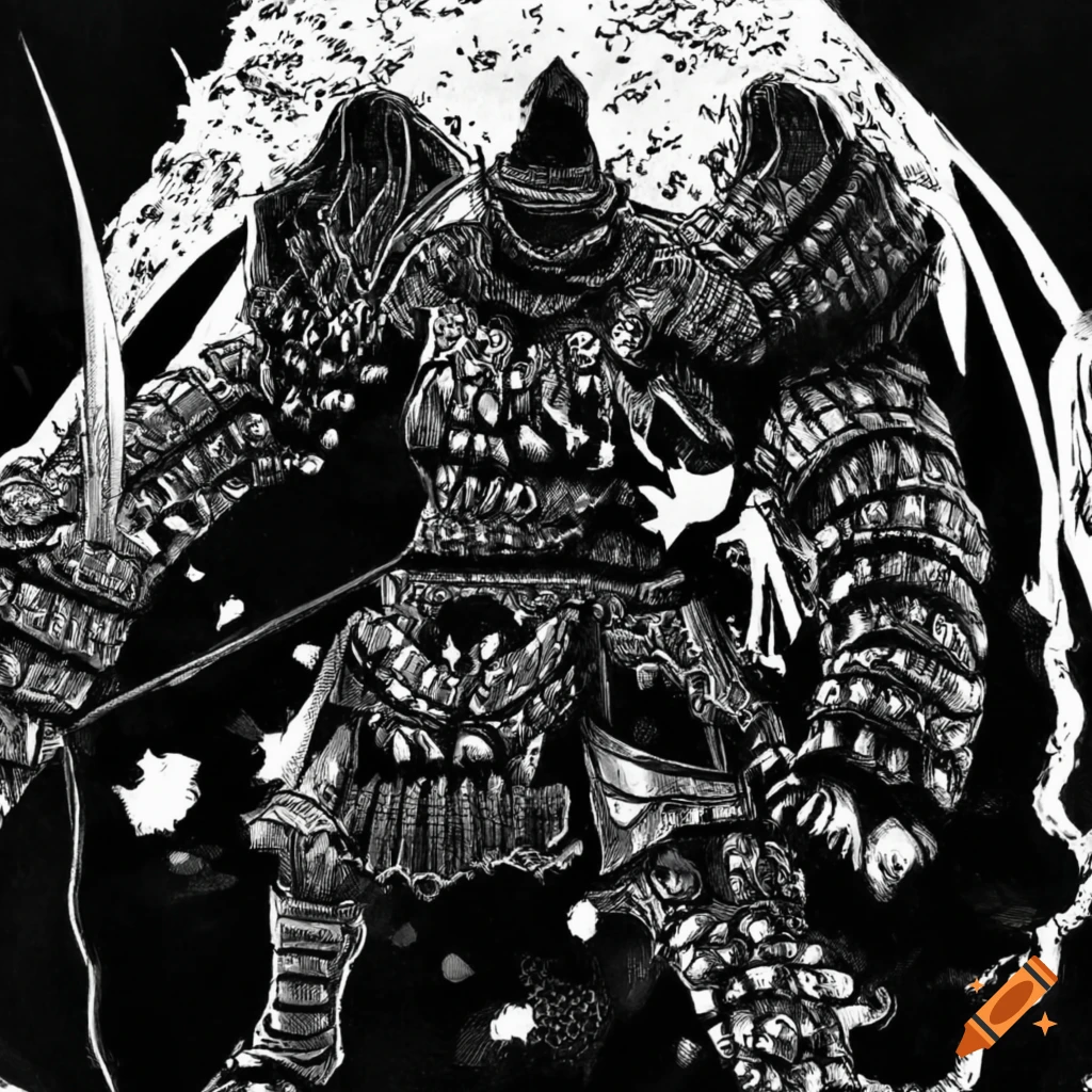 Powerful giant in branded armor leading army in battle on Craiyon