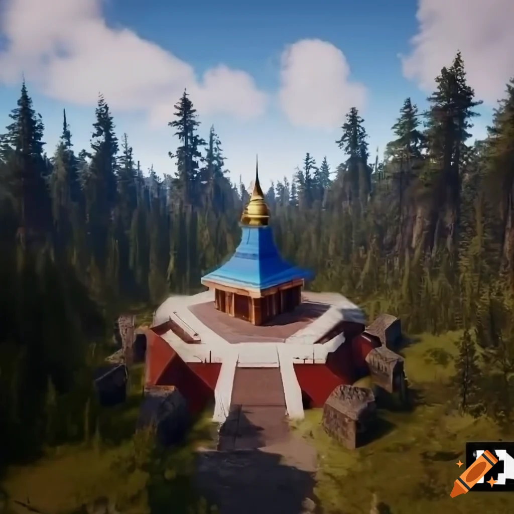 Aerial view of Etruscan-Hittite-Viking temple with hieroglyphs in taiga ...