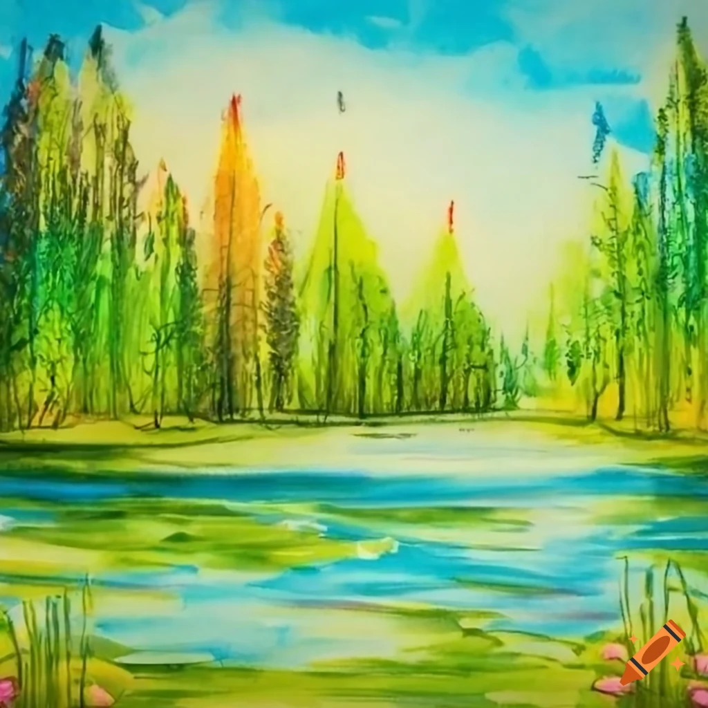 Crayon drawing of a sunny springtime forest with a pond