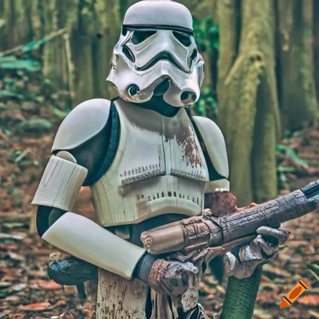 Weathered stormtrooper in a lush jungle environment on Craiyon