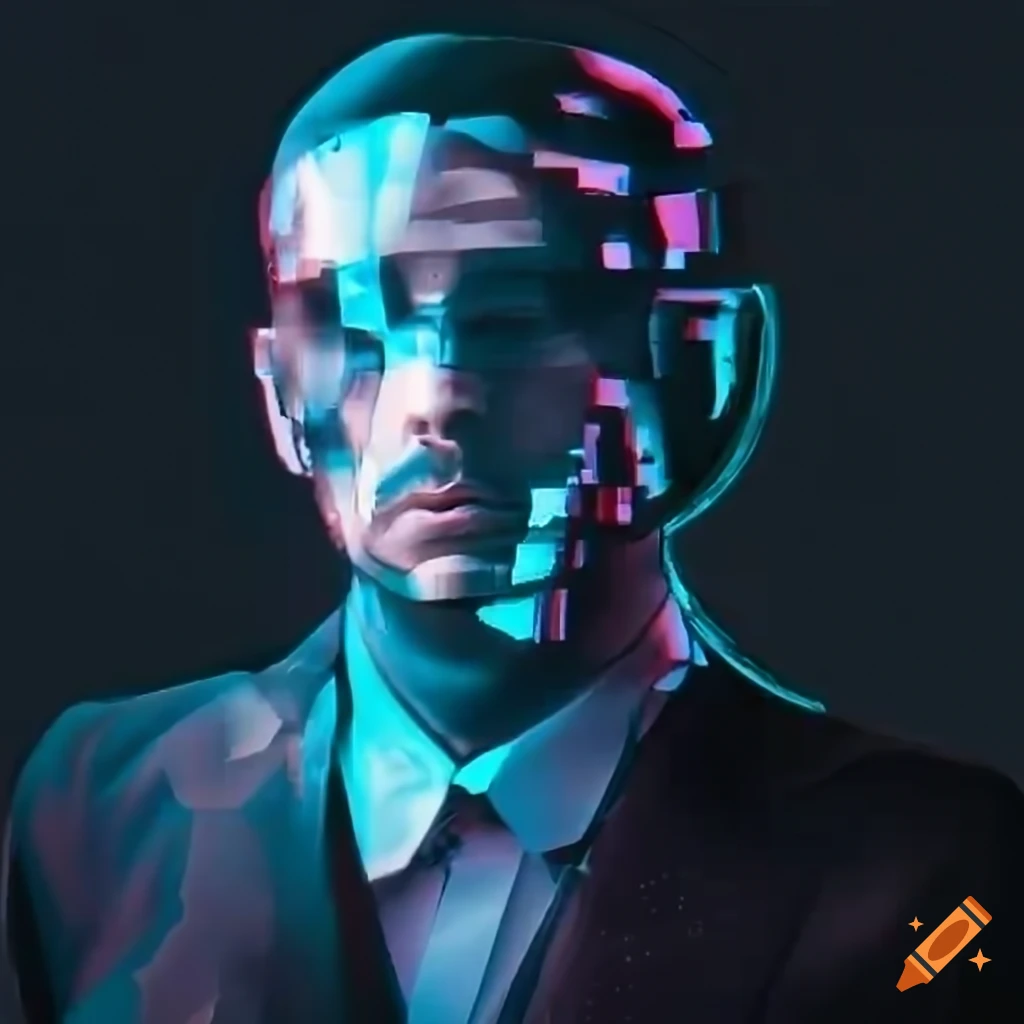 Futuristic man in transparent glass tuxedo with glitch effects on Craiyon