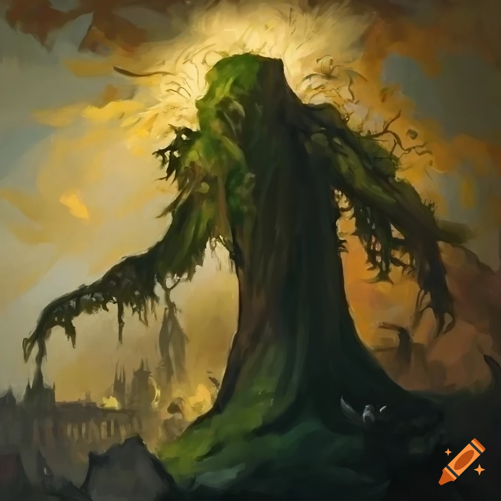 Linden tree ent in knights armor overlooking a medieval city, Magic the ...